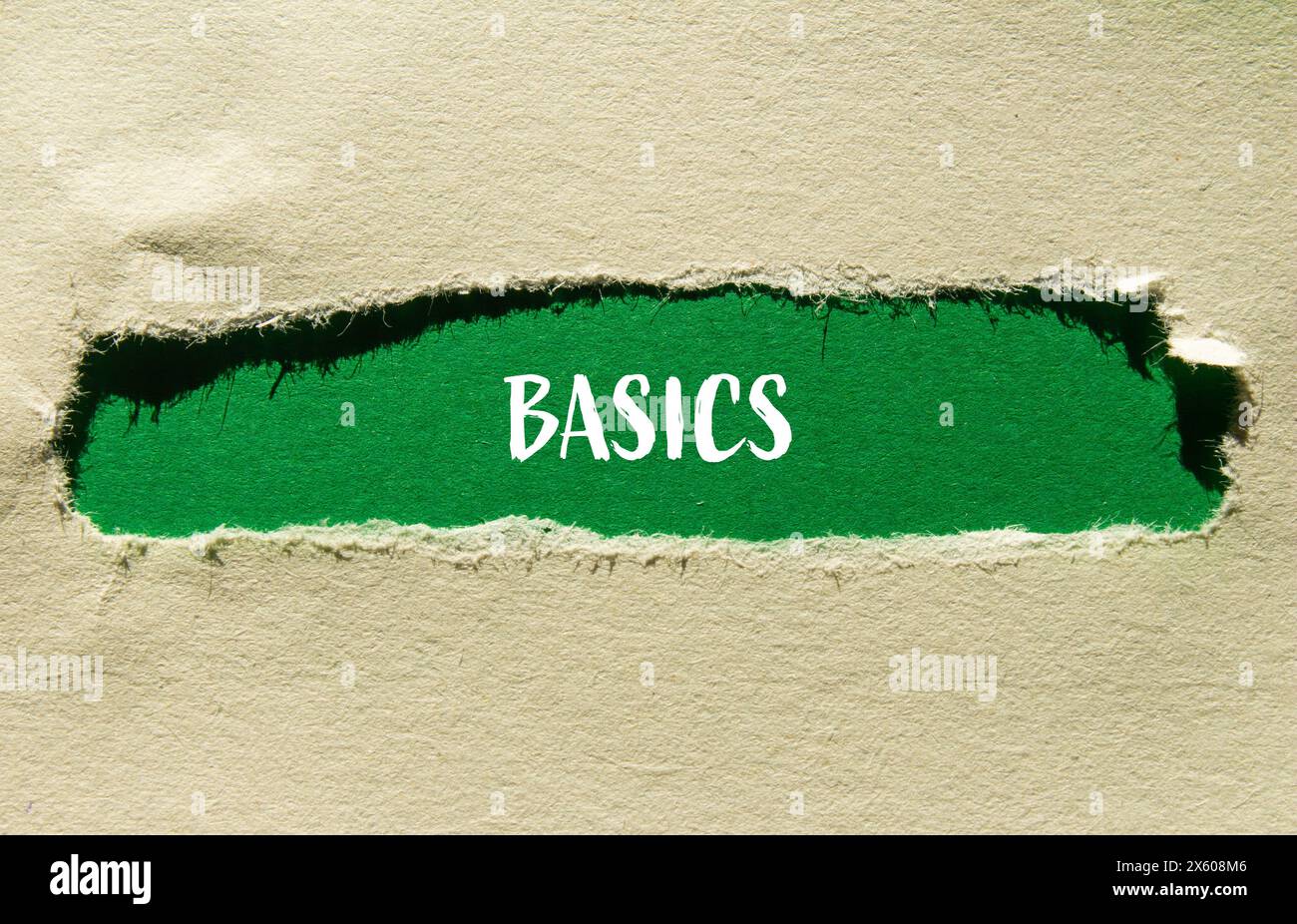 Basics word written on ripped paper with green background. Conceptual ...