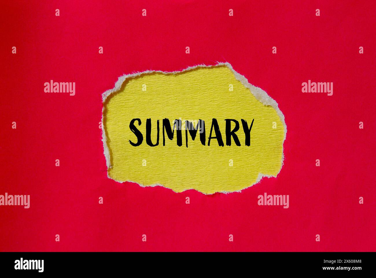Summary word written on ripped red paper with yellow background ...