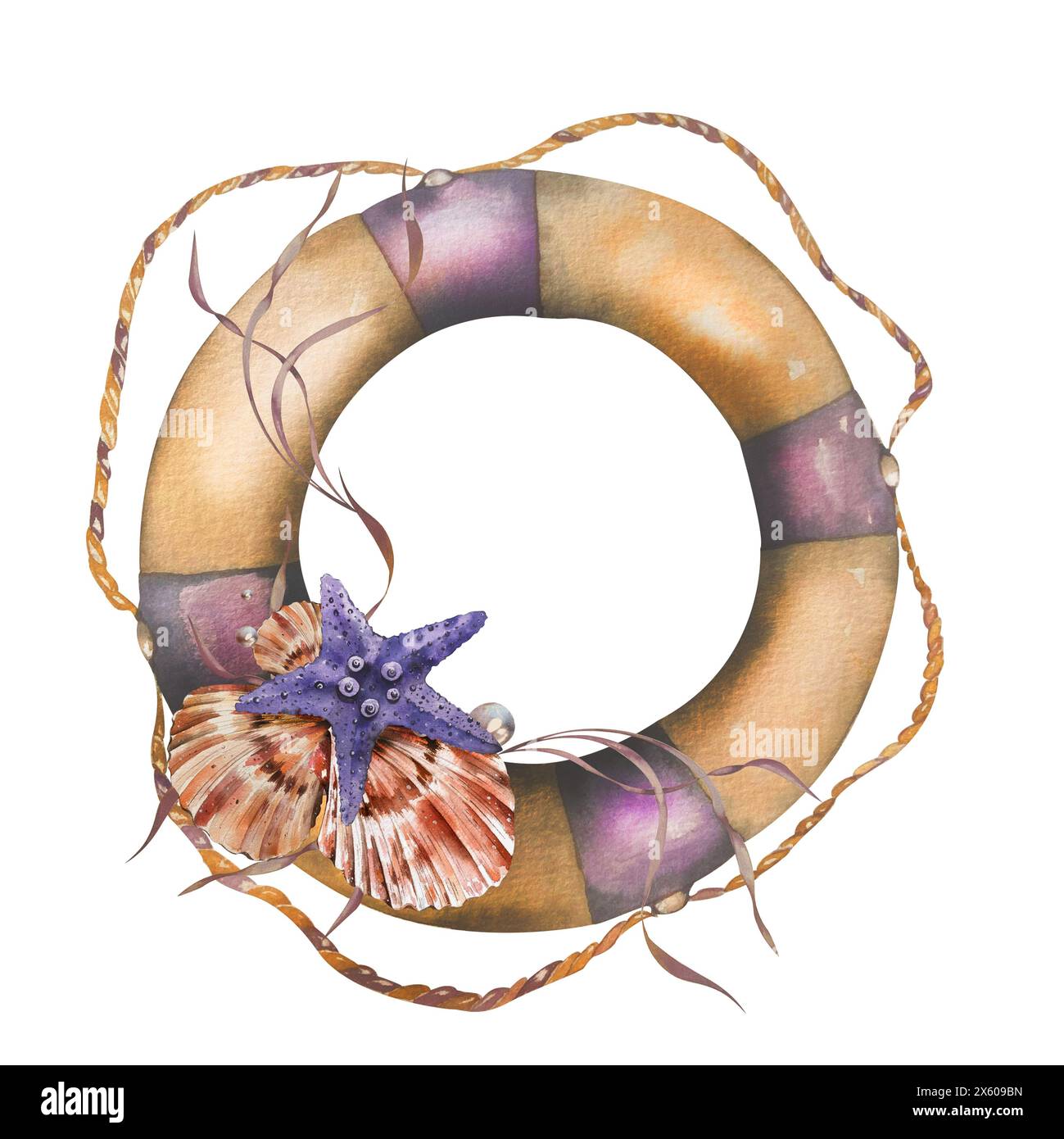 Watercolor Composition. Marine Theme. Lifebuoy, Starfish, Shells, Algae ...