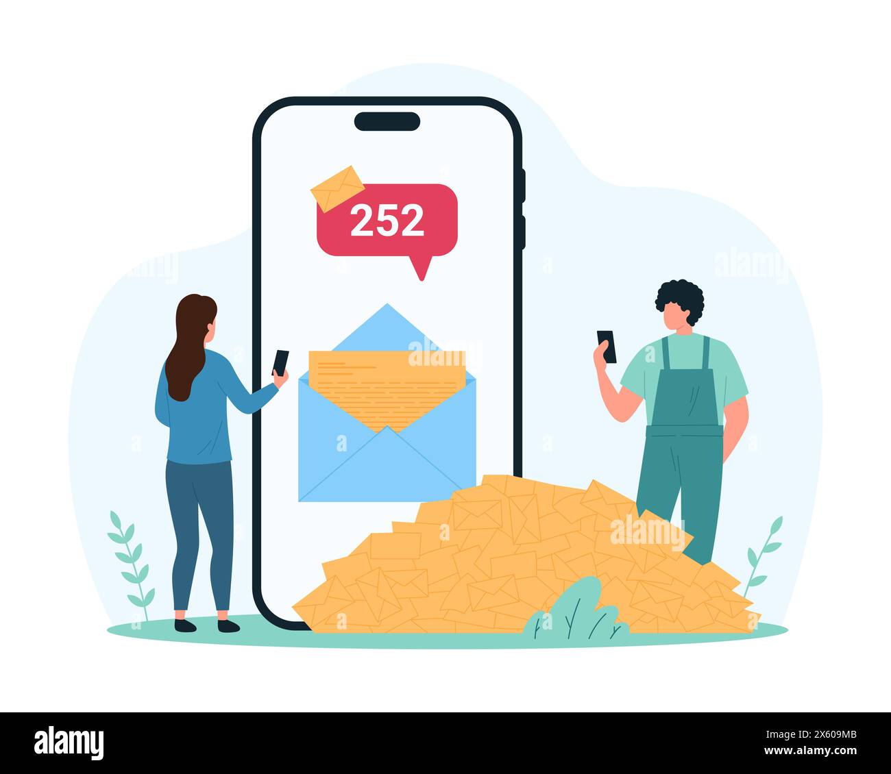 Email spam and SMS overload of mailbox mobile app. Tiny people and heap of scam letters and ...