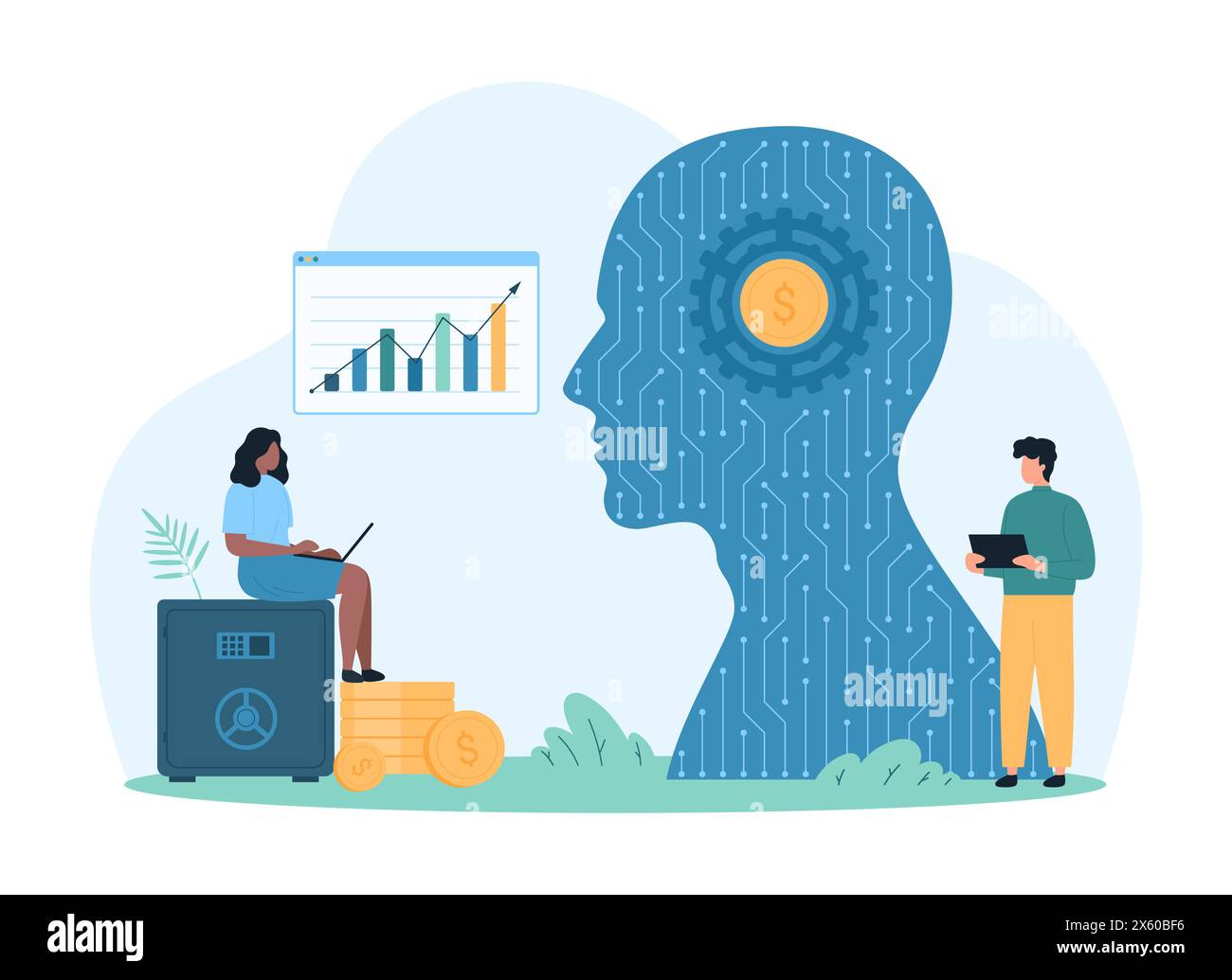 Stock market analytics, forex data analysis with AI. Tiny people work with artificial ...