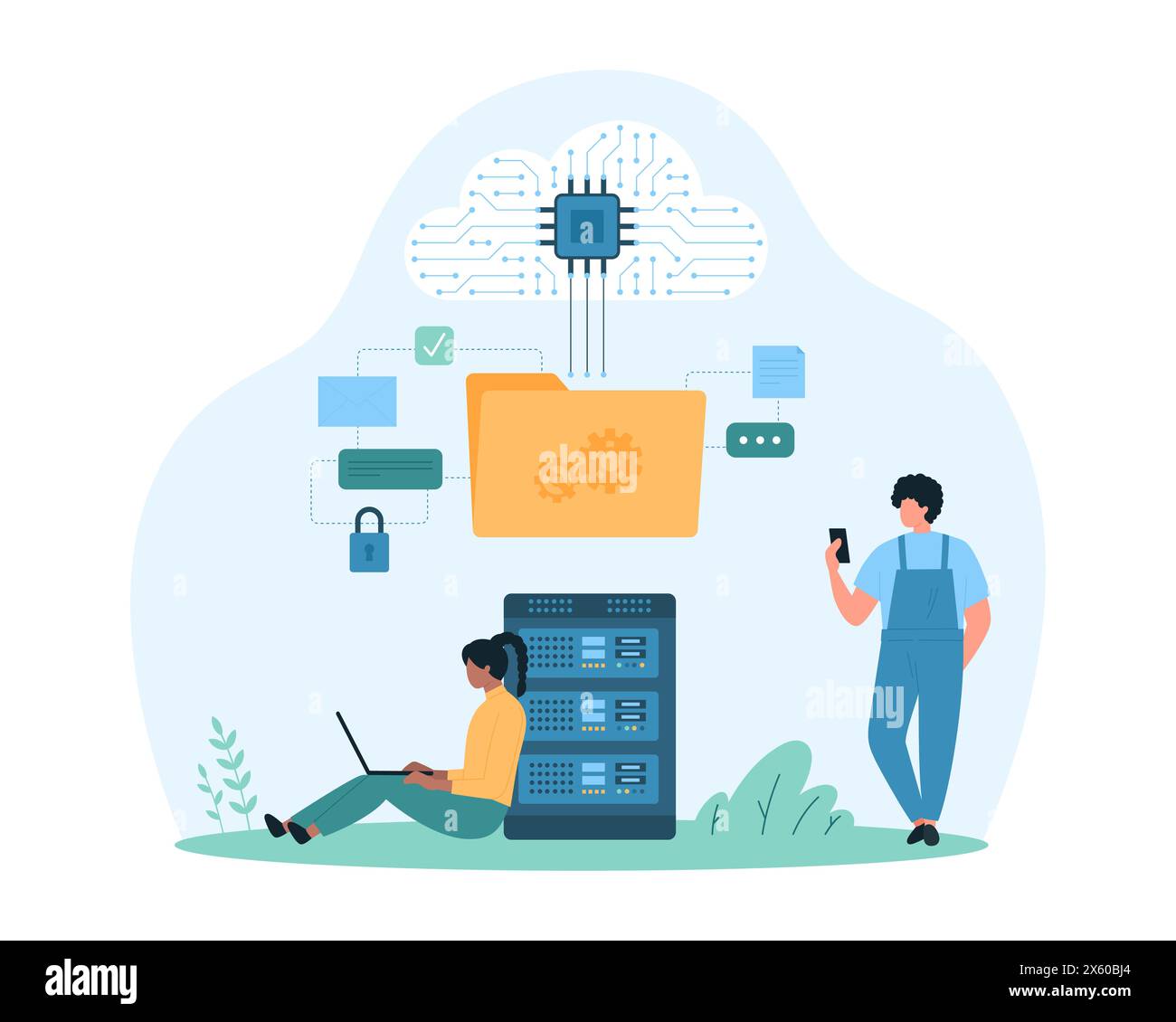 Cloud technology for data storage and management. Tiny people organize private information in ...