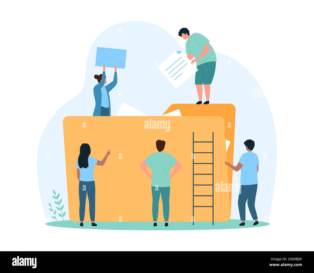 Cloud data storage organization and file management. Tiny people add digital document to big ...