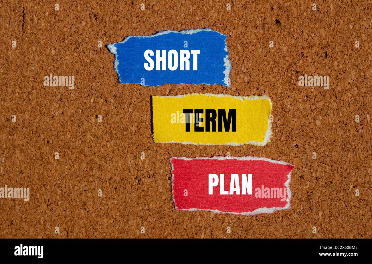 Short term plan words written on ripped paper pieces with brown ...