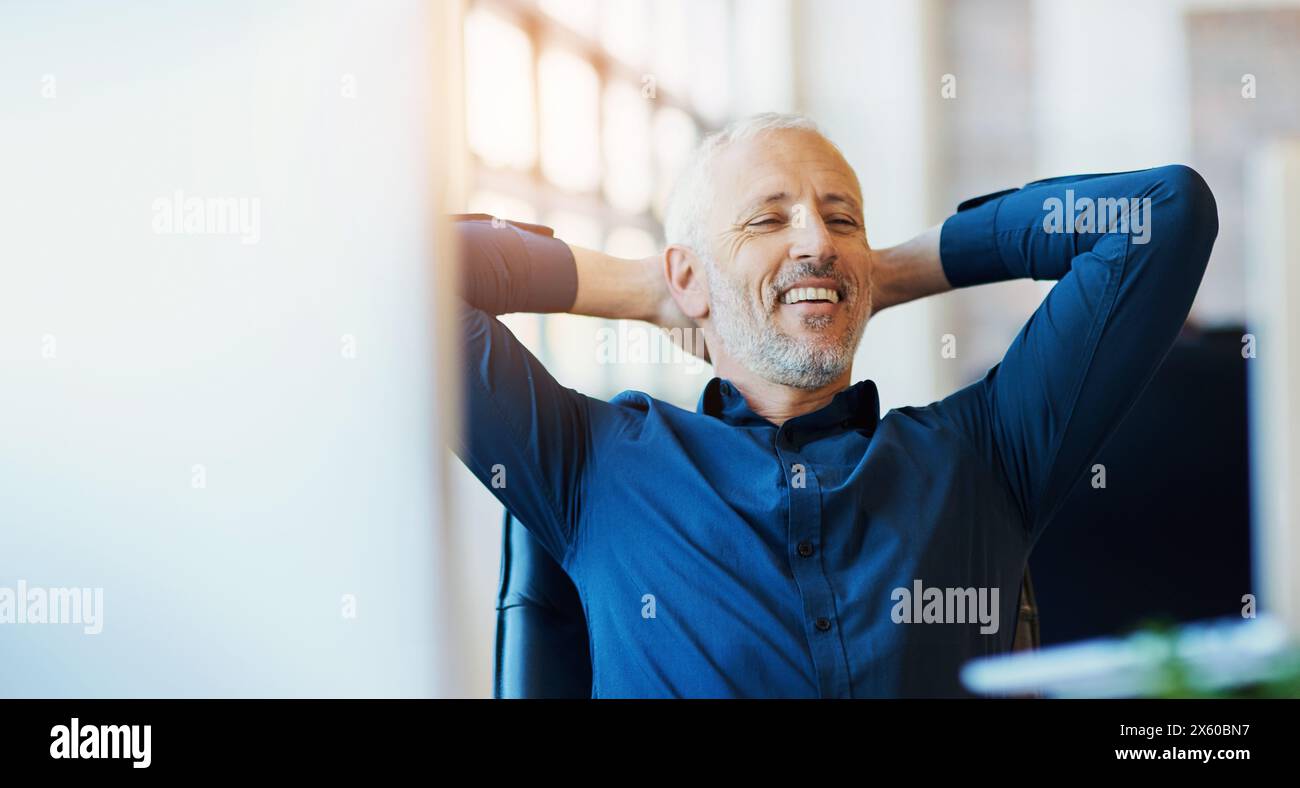 Mature, businessman and relax in office with stretching in chair for ...