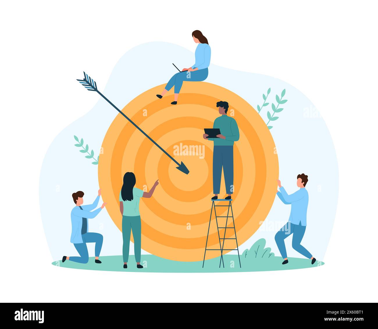 Hit target, business goal achievement, success strategy analysis. Tiny ...