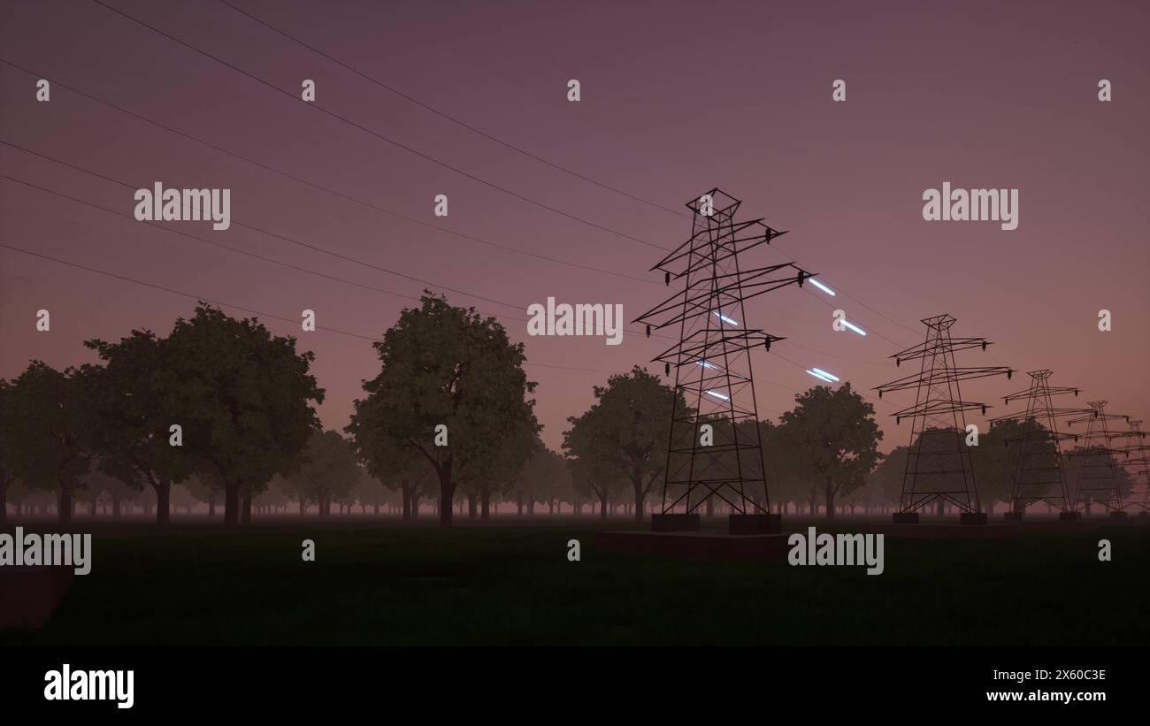 Electrical signal travels along power wires night landscape 3d render ...