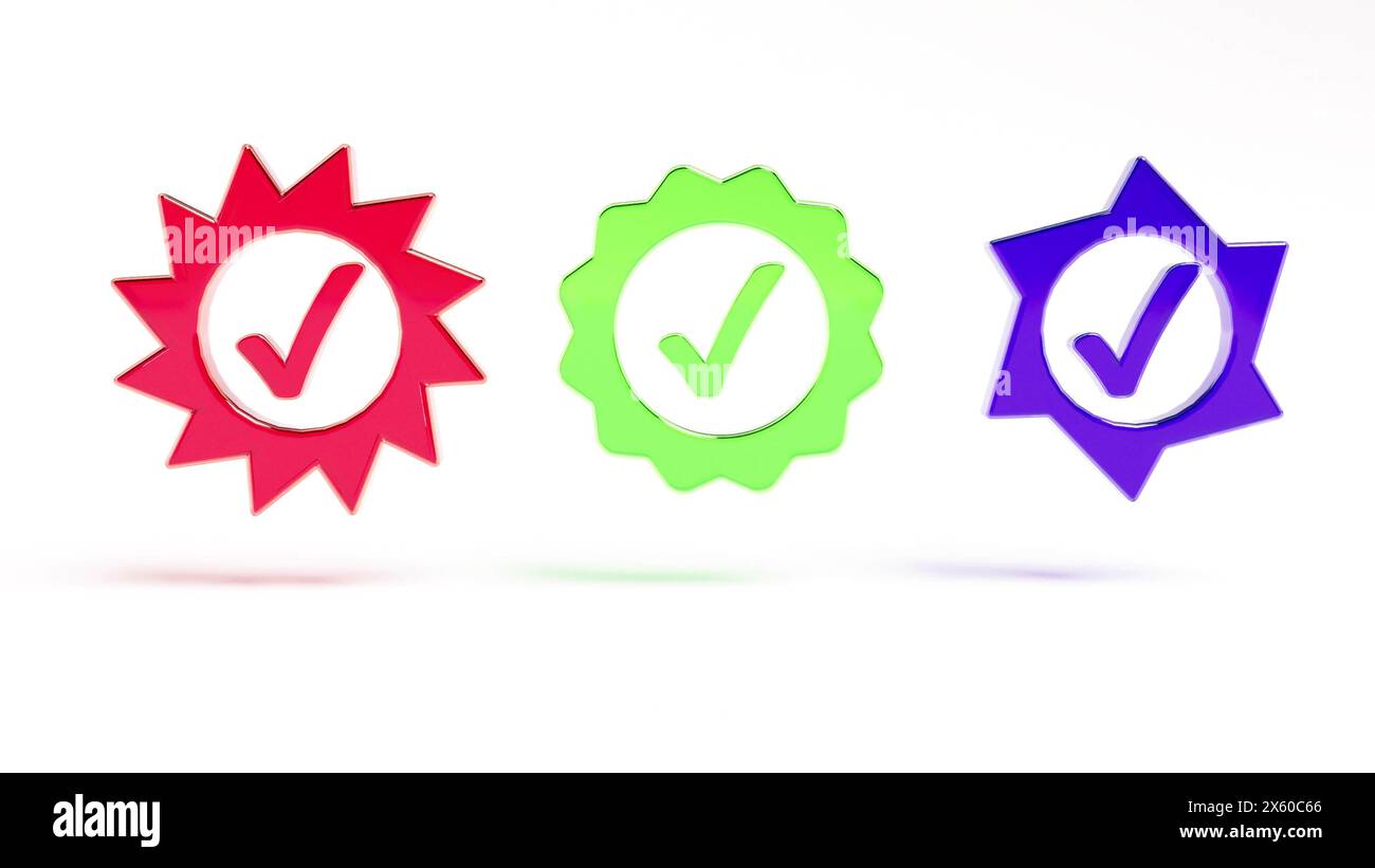 Color glass Signs symbols check mark rotate on white bg 3d render Stock ...