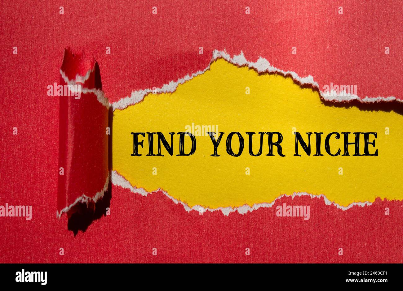 Find your niche words written on ripped red paper with yellow ...