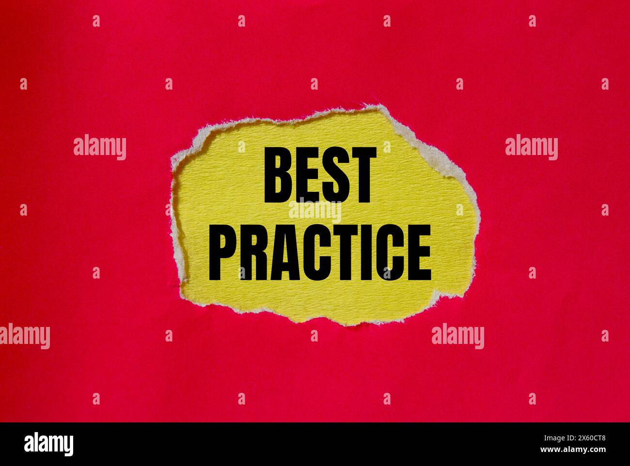 Best practice words written on ripped red paper with yellow background ...