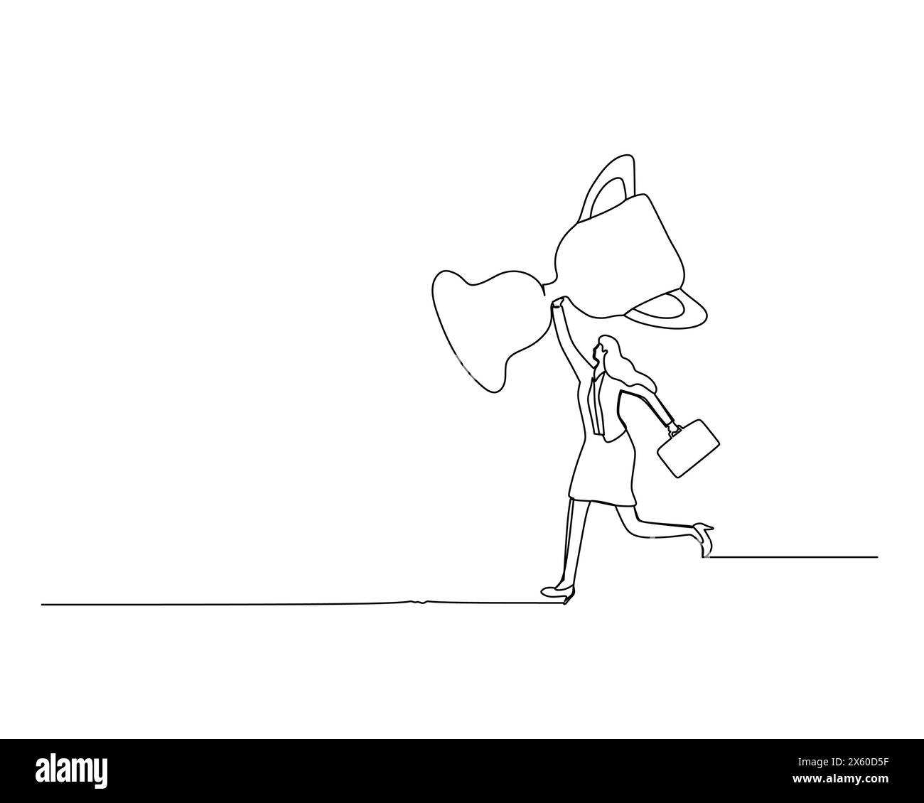 Continuous single one line drawing a happy career woman carrying a ...