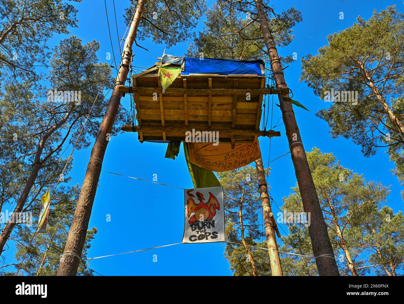 12 May 2024, Brandenburg, Grünheide: Activists from the "Stop Tesla ...