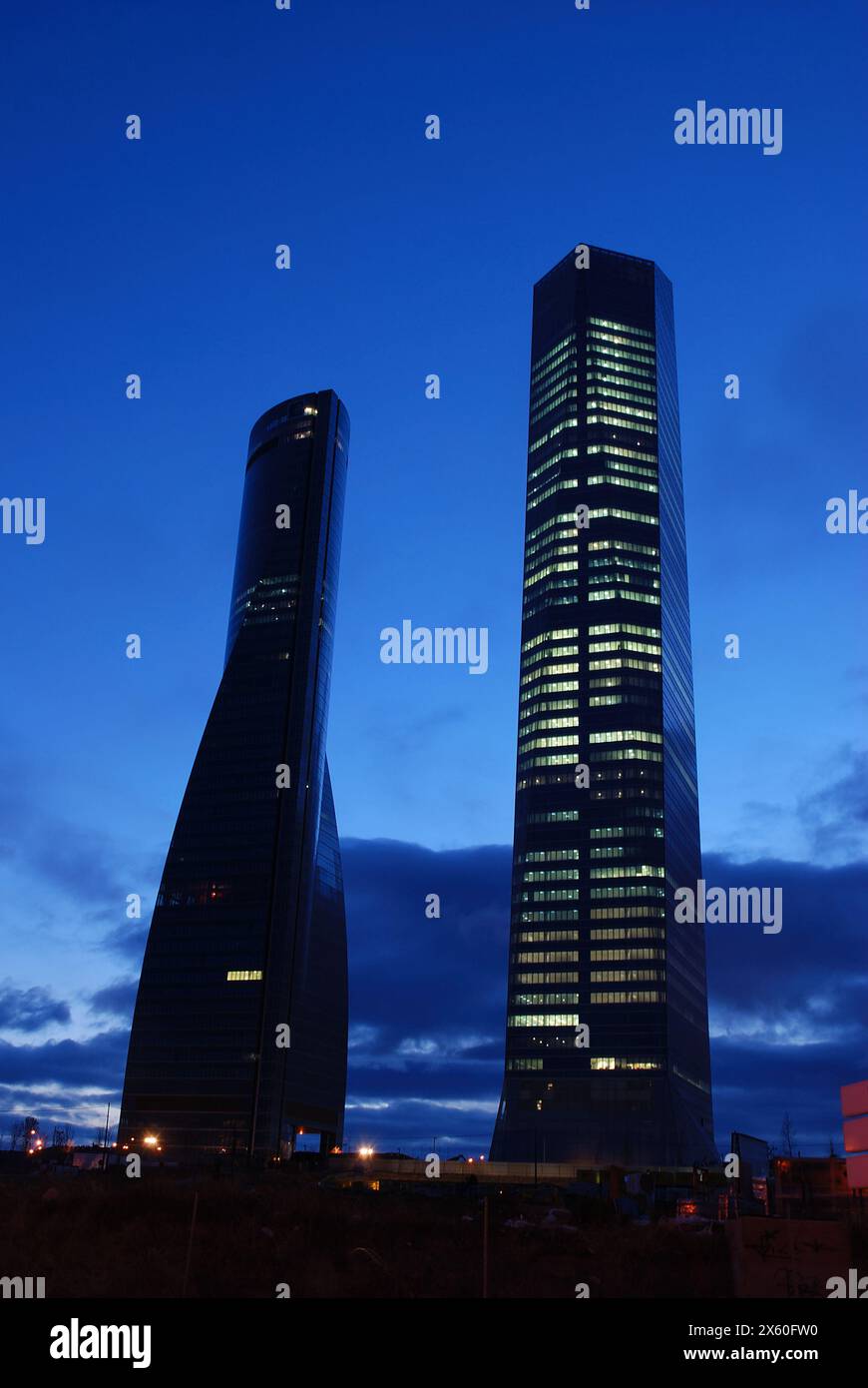 Espacio Tower and Cristal Tower at dawn. CTBA, Madrid, Spain Stock ...