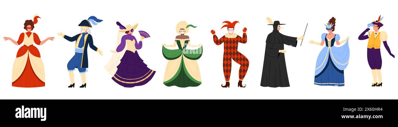 People in carnival costumes and masks dance set. Male and female ...