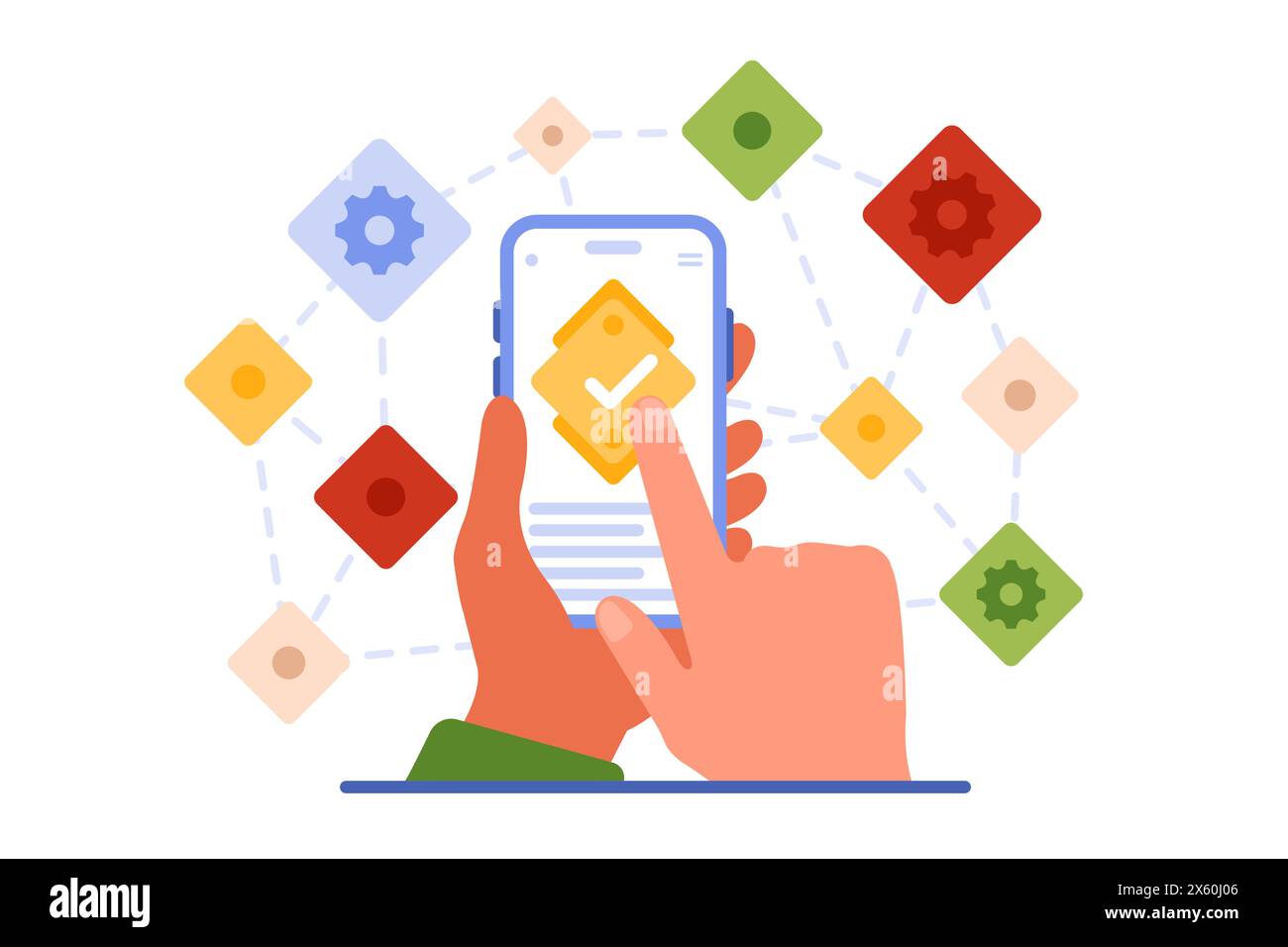 Decentralized mobile application and computing. Hands holding phone ...