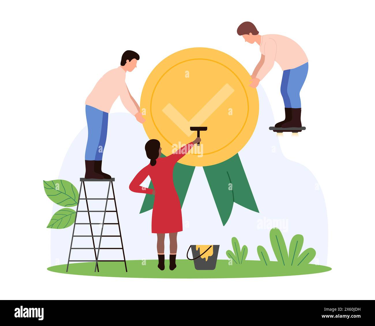 Verification check mark, certified product quality and award medal for ...