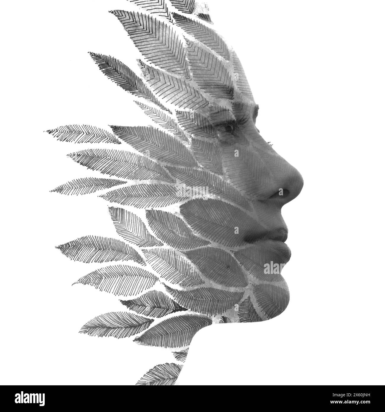 A woman's profile disappearing into a graphical leaf pattern in ...