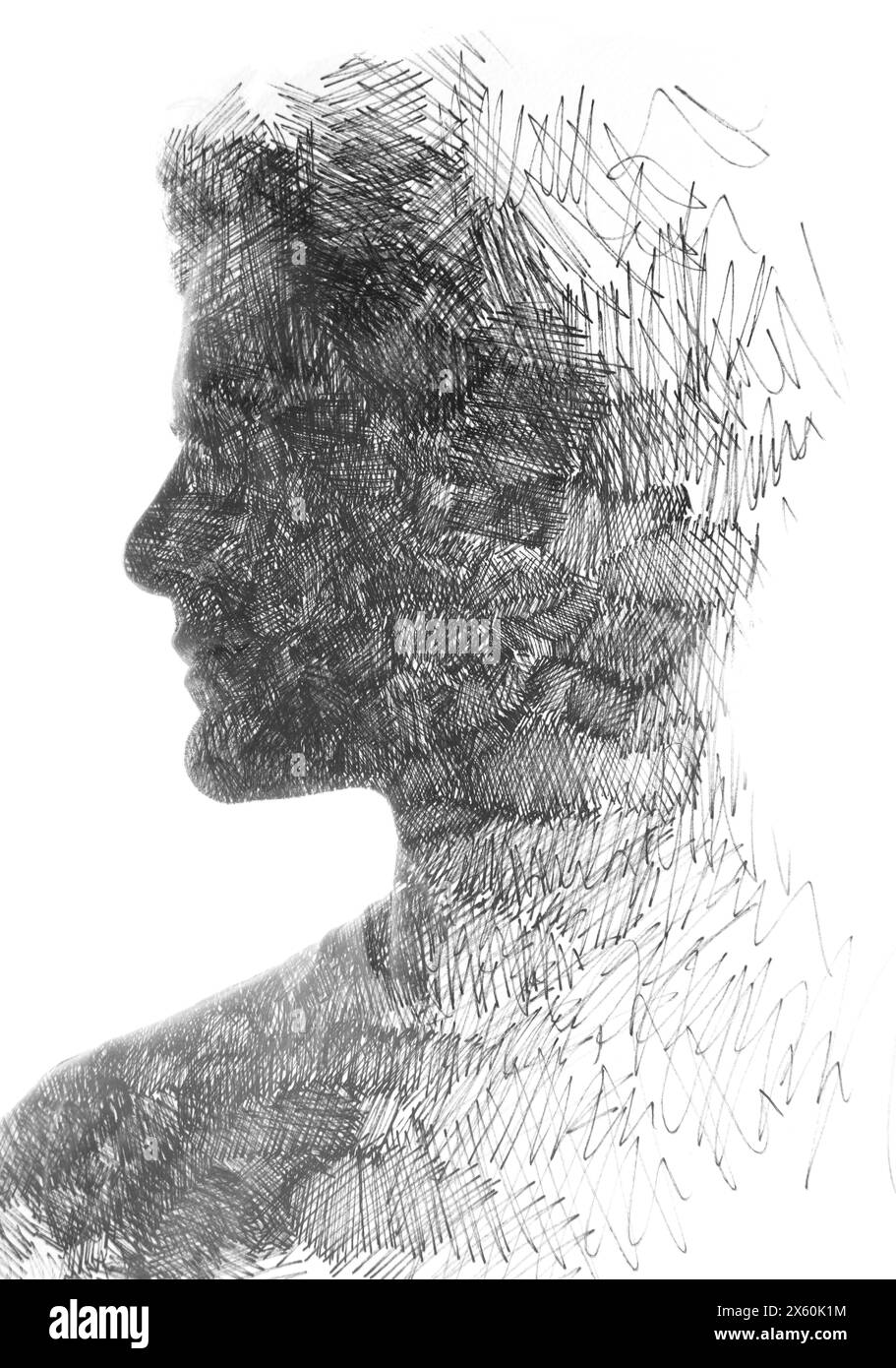 A graphical black and white profile silhouette paintography portrait of ...