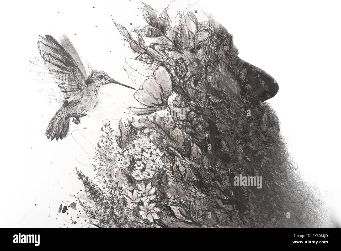 An artistic paintography profile of a bearded man merged with an ink ...
