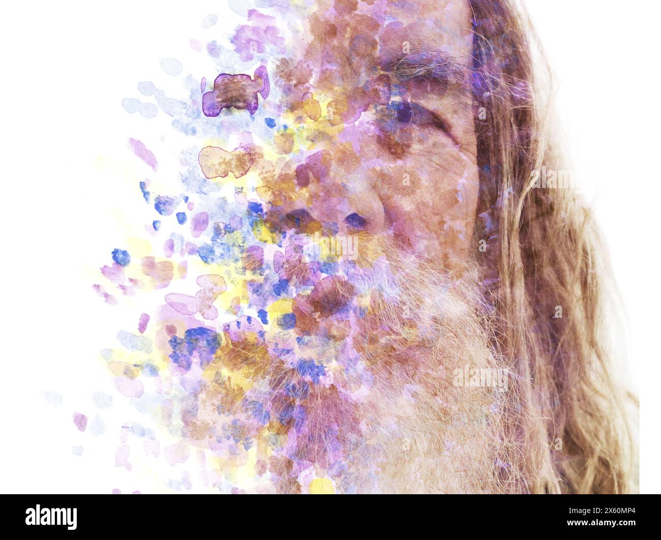 An abstract half transparent paintography portrait of an old bearded ...