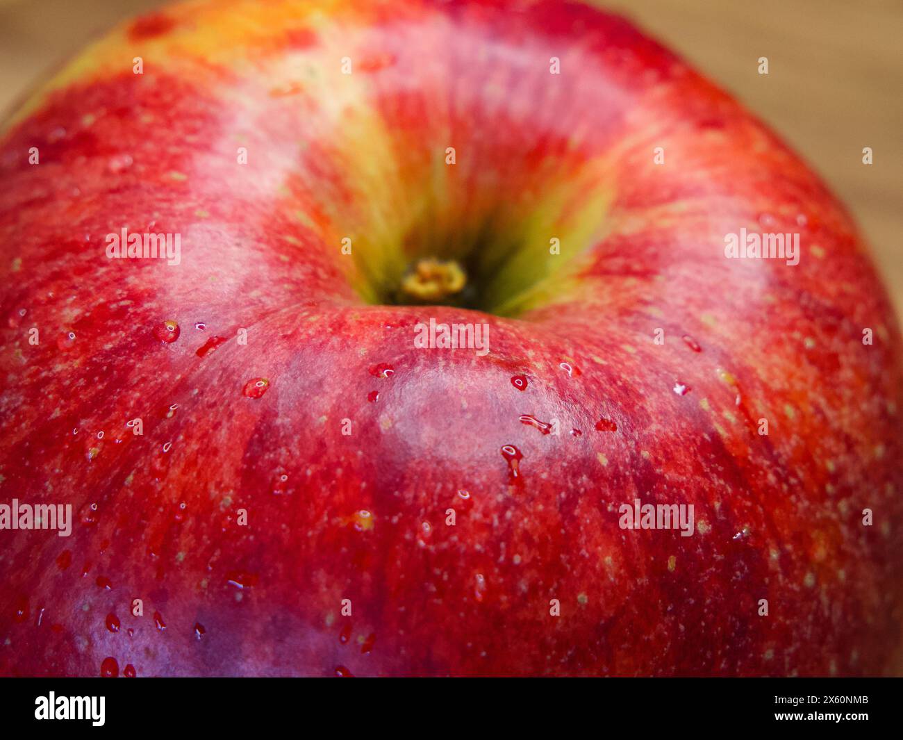 Moist Red Apple. An apple’s wet surface, indicating recent washing ...