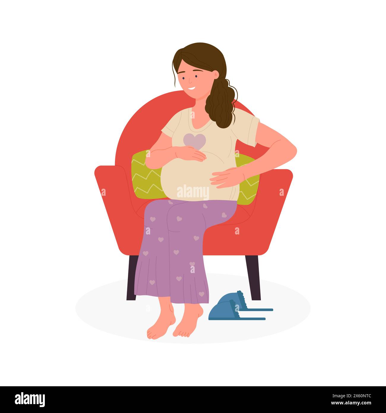 Pregnant woman sitting in armchair with pillows, happy female character ...
