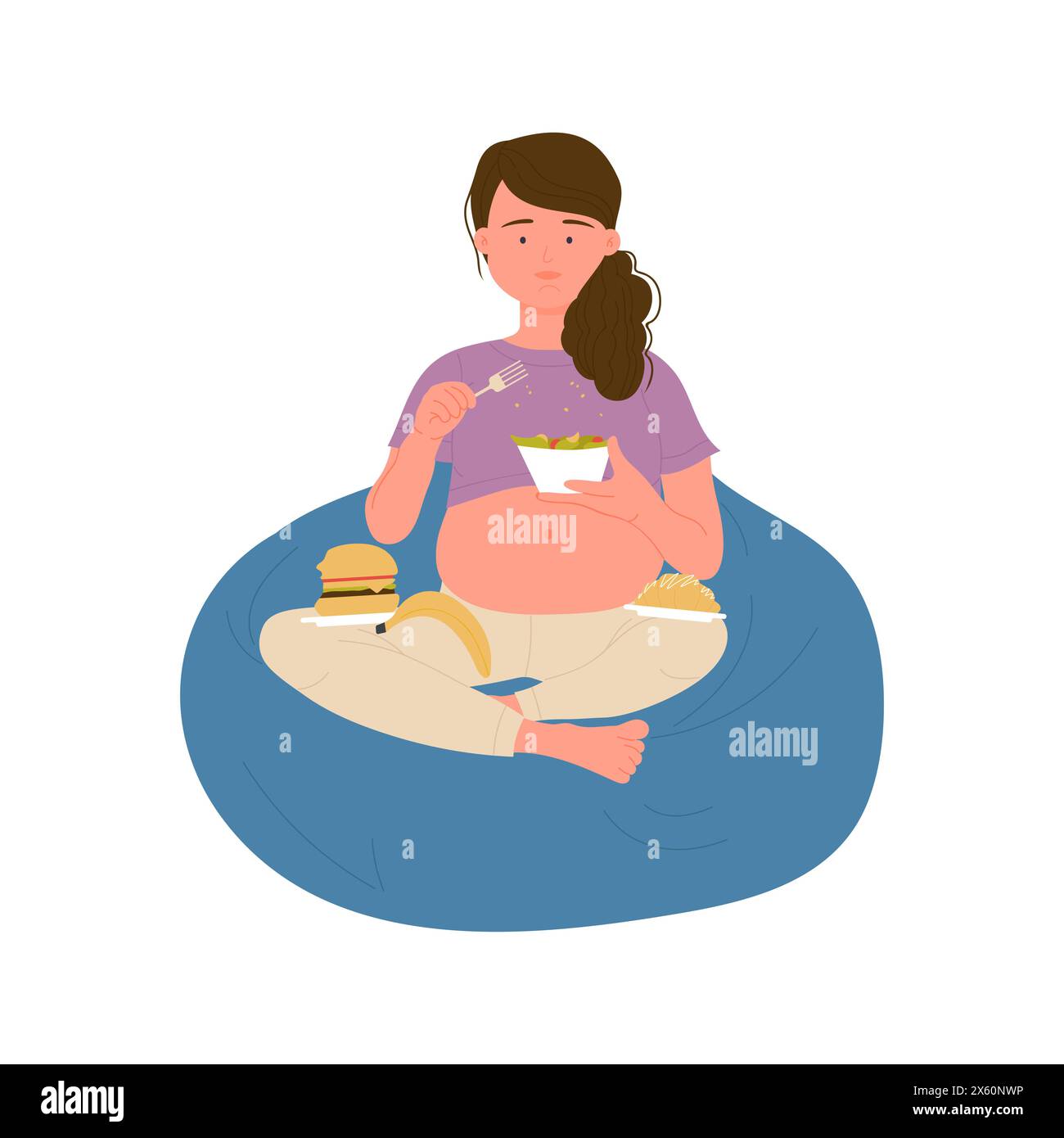 Pregnant woman sitting in armchair with food, hungry female character ...