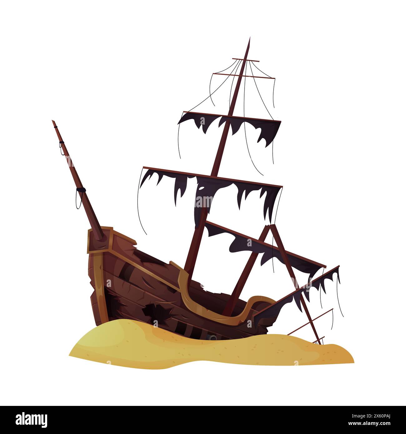 Sunken damaged pirate ship in sand, broken wooden boat after shipwreck ...