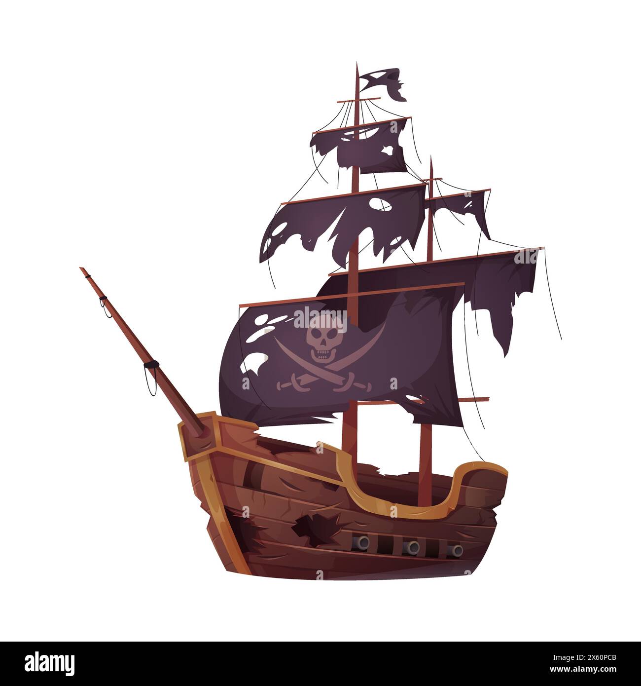 Pirate ship and galleon after sea battle, fight of sailboats with ...