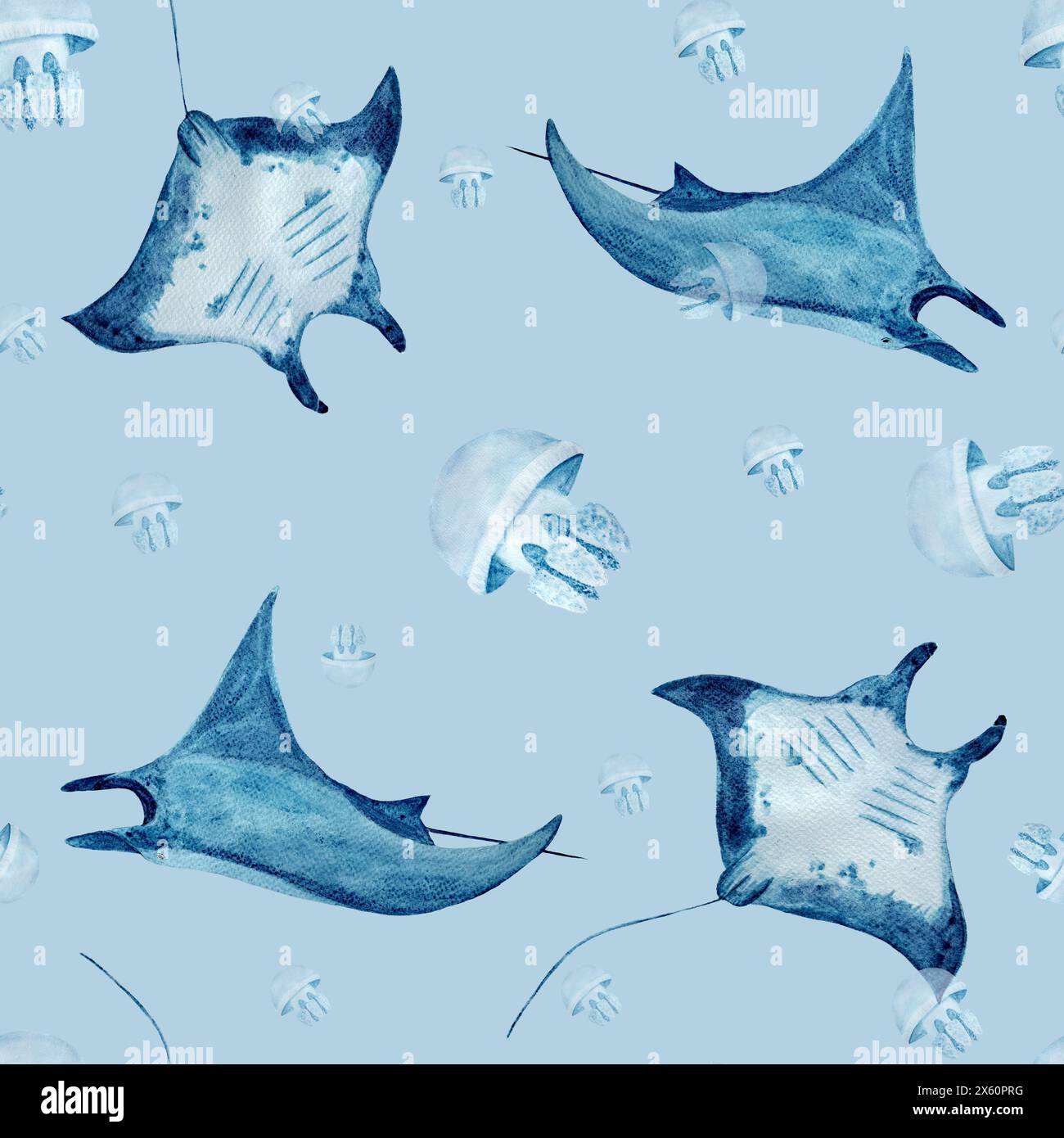 Manta ray and jellyfish watercolor seamless pattern on blue. High ...