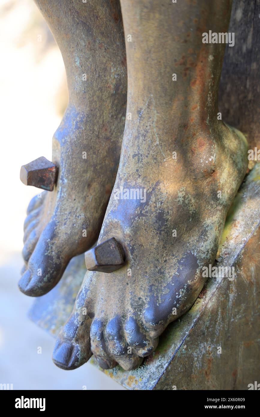 Feet of Jesus Christ crucified. Crucifixion, crucifixion of Jesus of Nazareth, torture of the ...