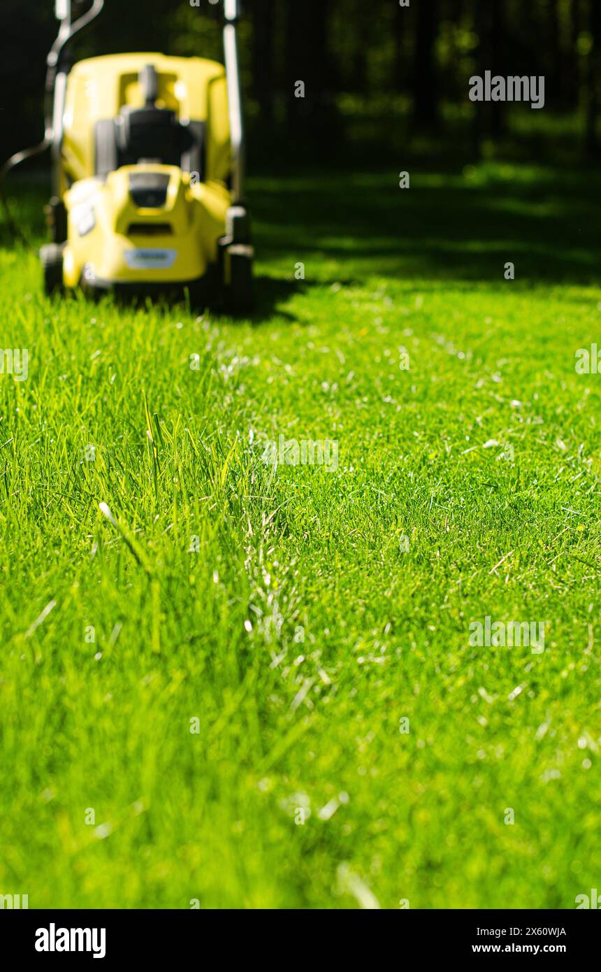 Lawn mower cut grass. Garden work. Electric Rotary lawn mower machine ...