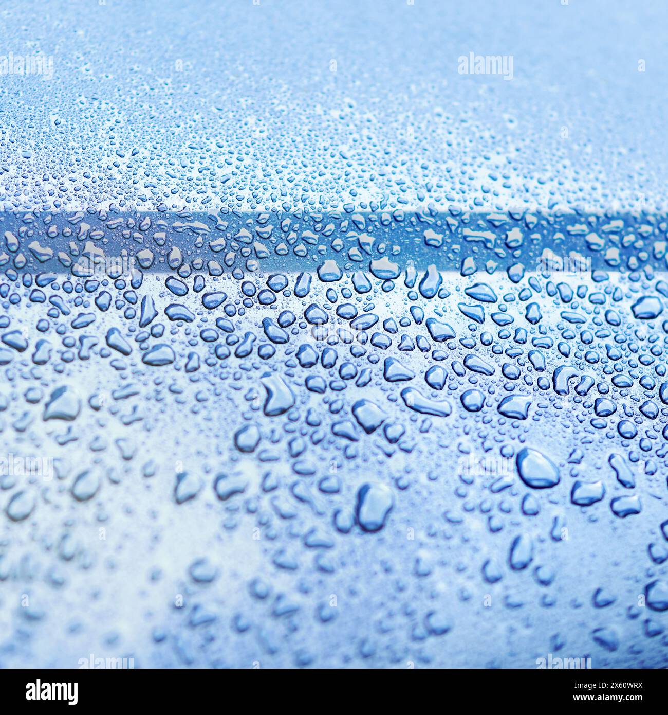 Water, drops and wet on blue surface in nature for wallpaper ...