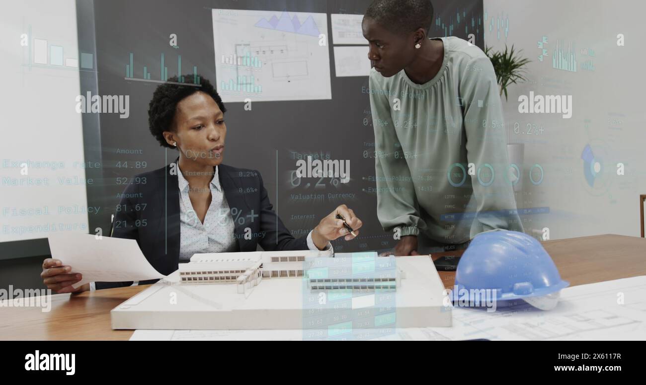 Image of graphs and changing numbers, diverse female architects ...