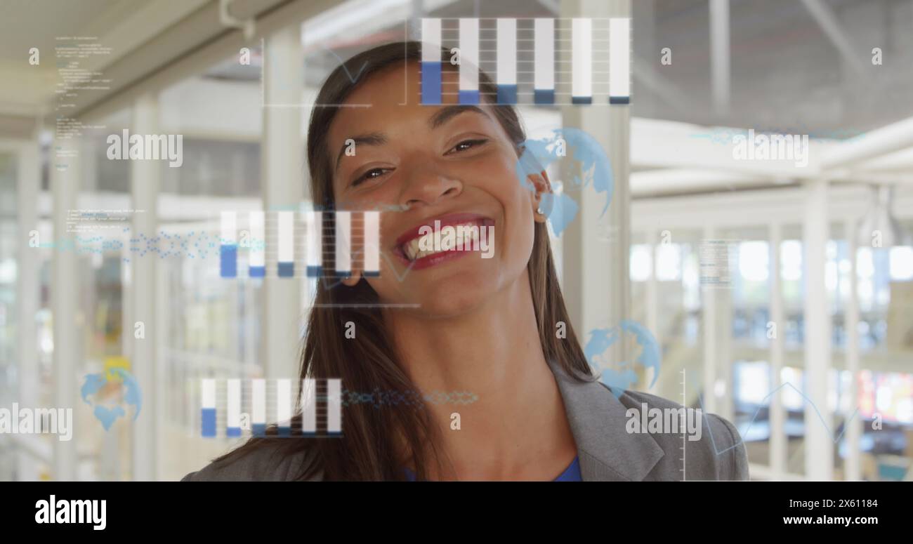 Image of graphs and globes over smiling biracial woman adjusting hair ...
