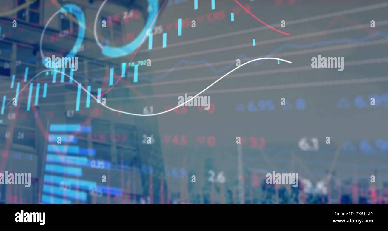 Image of graphs, loading circles and trading board over modern buildings against sky. Digital ...