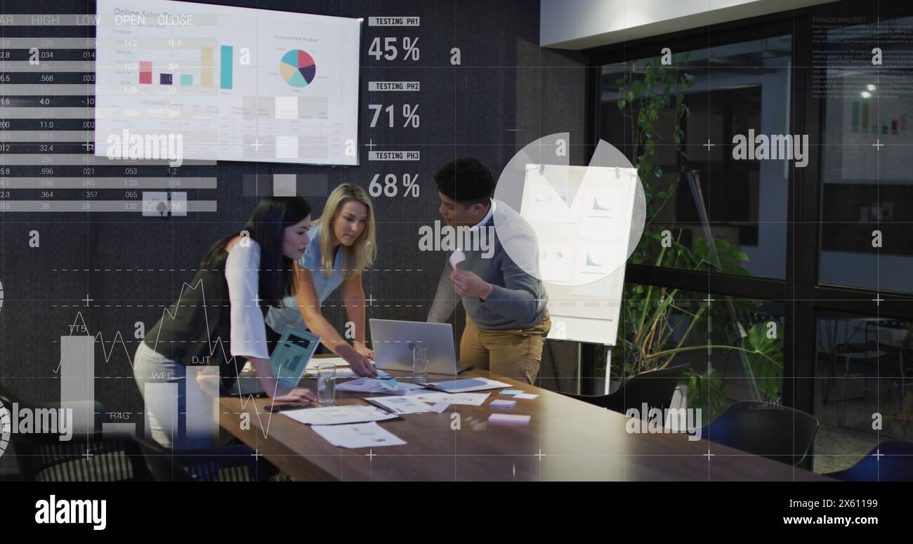 Image Of Statistical Data Processing Over Diverse Colleagues Discussing Together At Office Stock