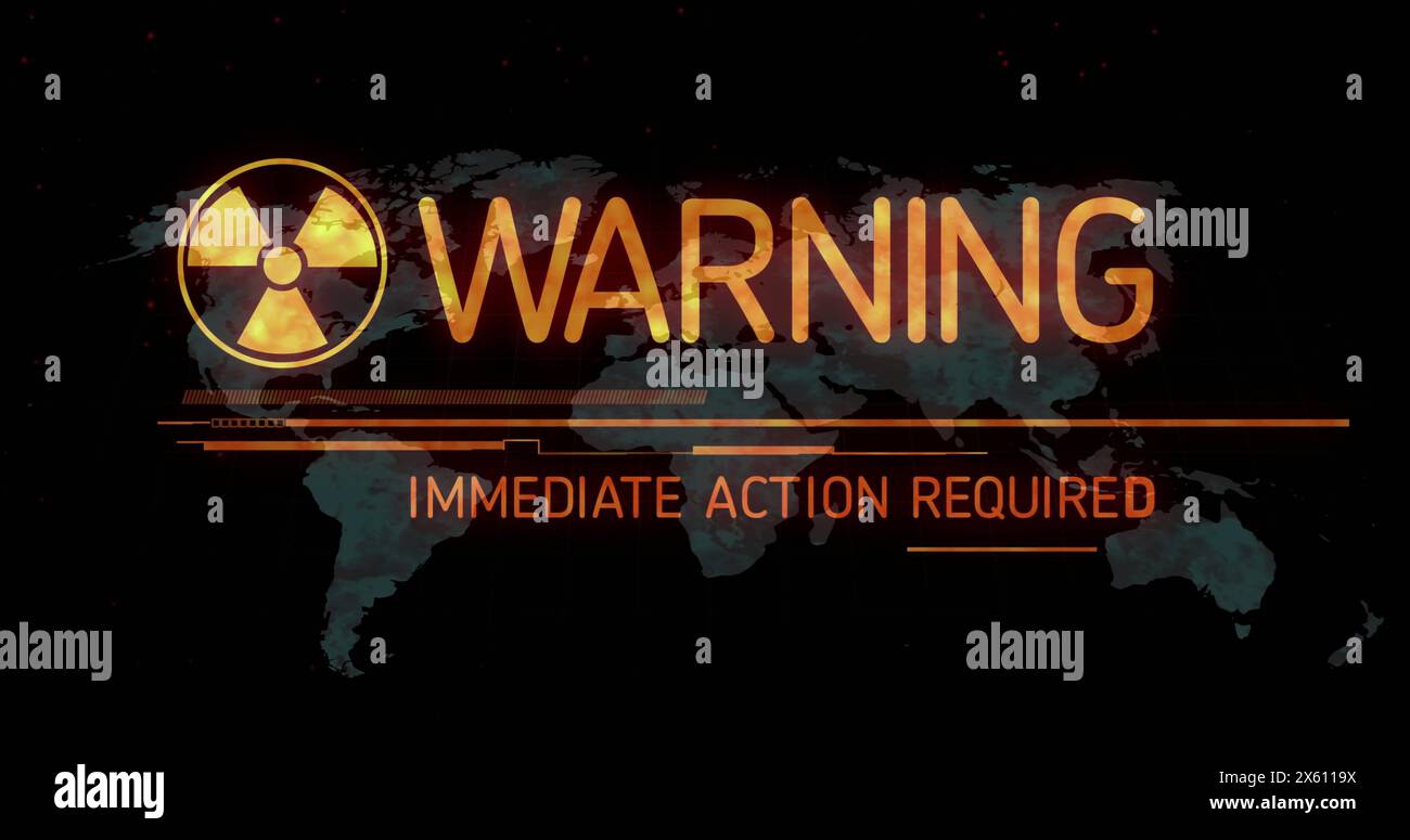 Image radiation warning symbol, warning immediate action required text over map Stock Photo - Alamy