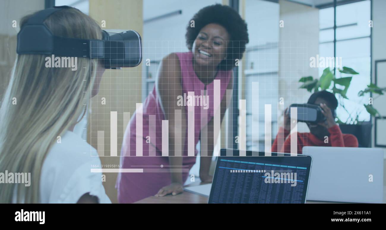 Image of loading bars, diverse woman talking with coworker and ...