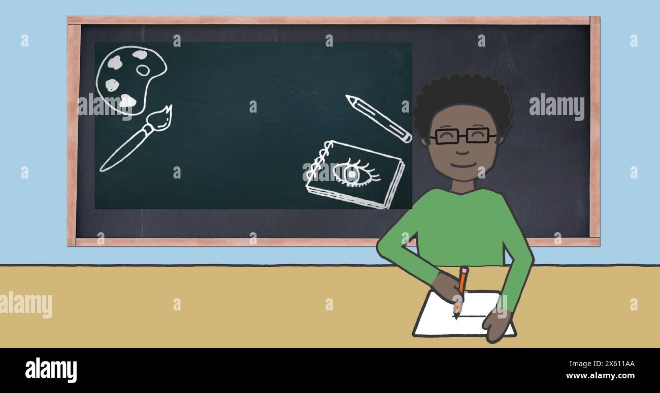 Image of schoolboy taking notes over blackboard with school items icons ...