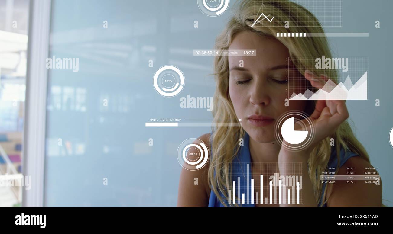 Image of graphs, loading circles, bars, caucasian woman having headache ...