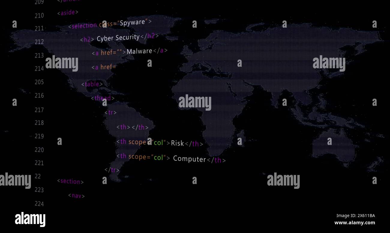 Image of multicolored computer language and map over black background ...