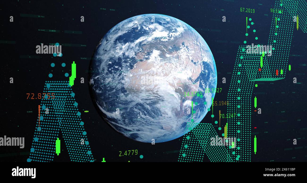Image of multiple graphs with changing numbers and globe against black background Stock Photo ...