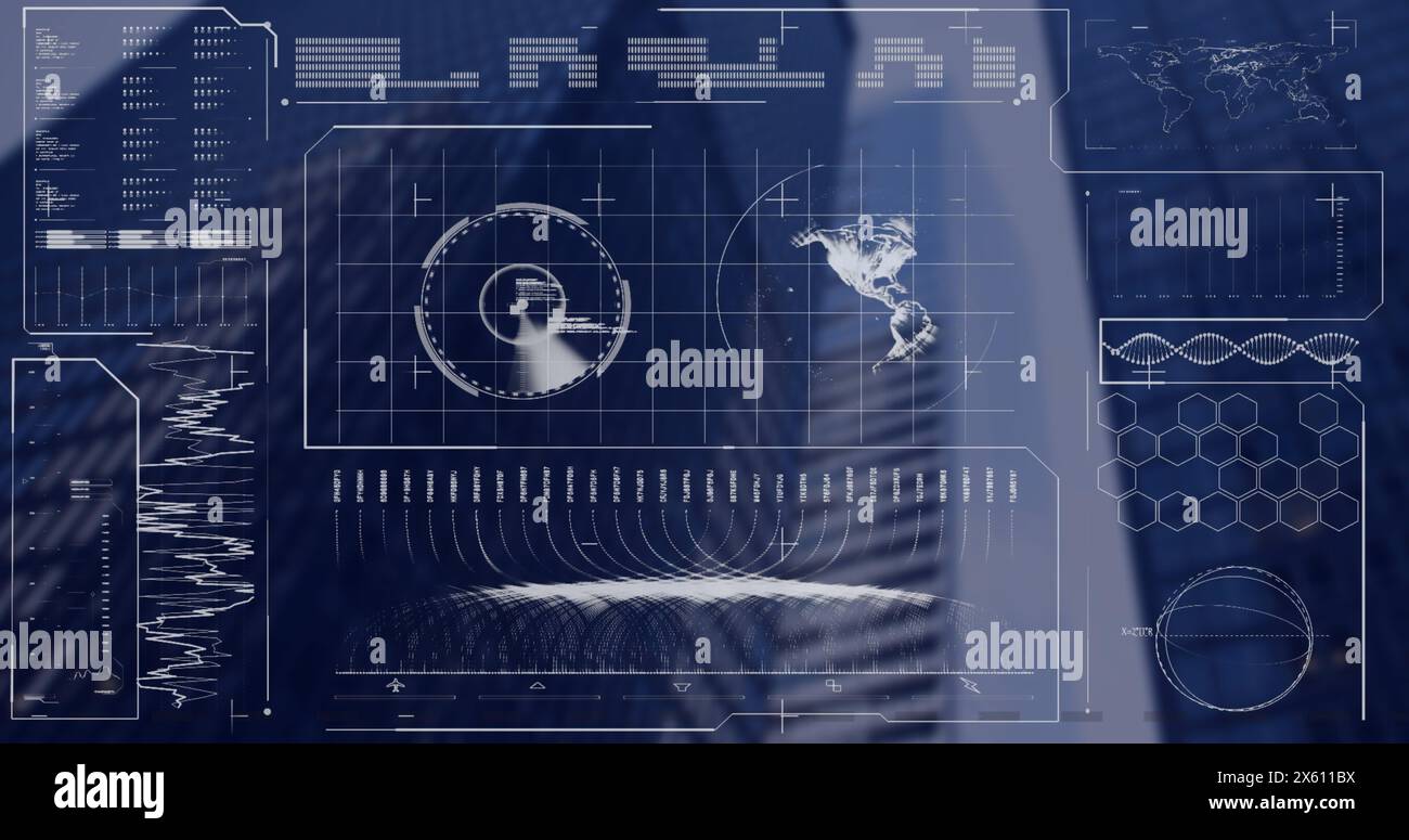 Image of radar, globe, loading bars and circles over low angle view of ...