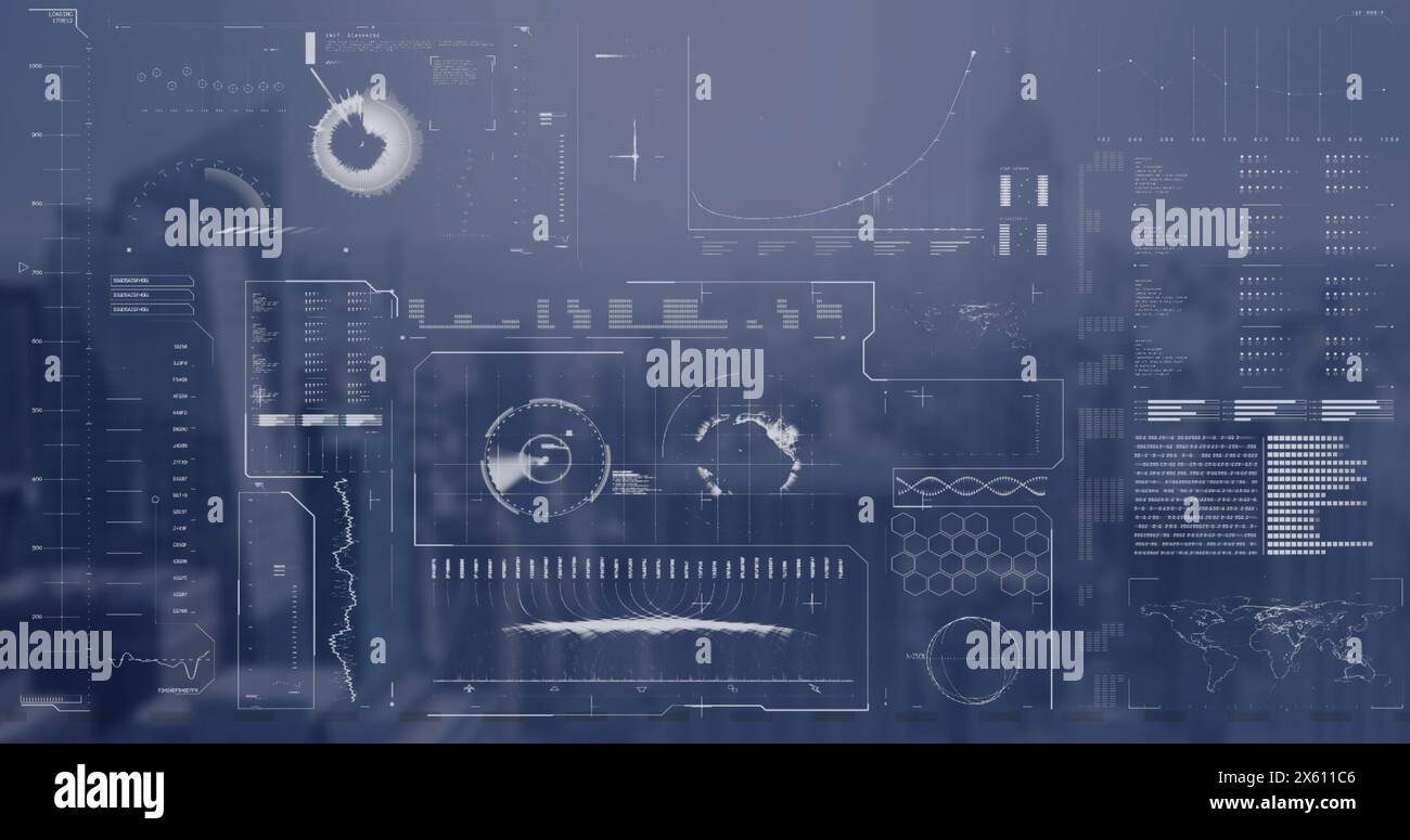 Image of globe, radar, loading bars and circles over modern cityscape ...
