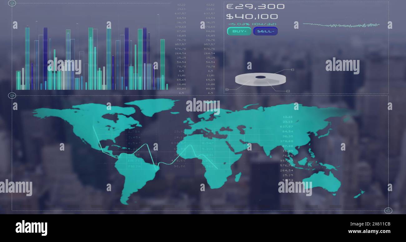Image of graphs, map, changing numbers, currency symbols over modern ...