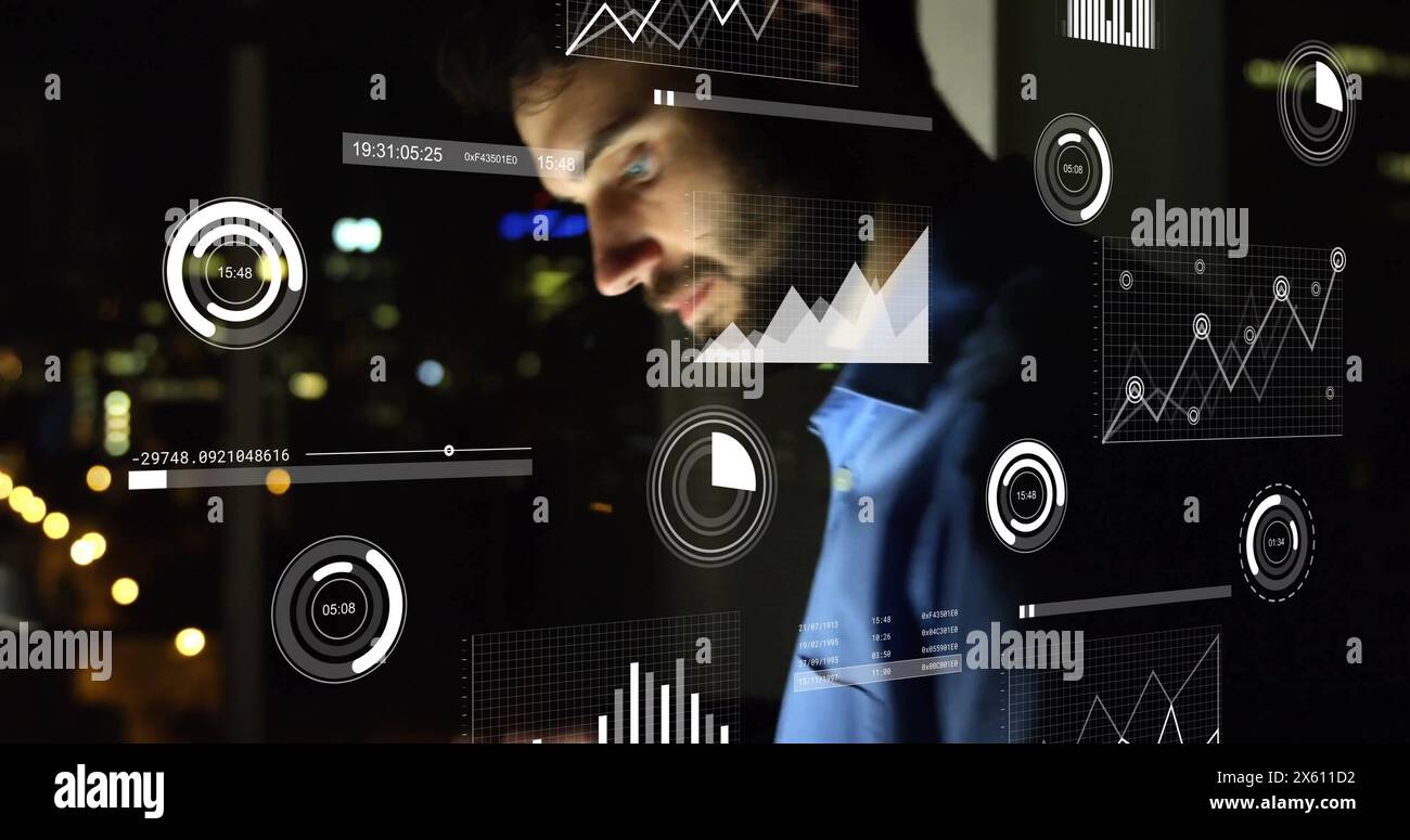 Image of infographic interface over caucasian businessman working in ...