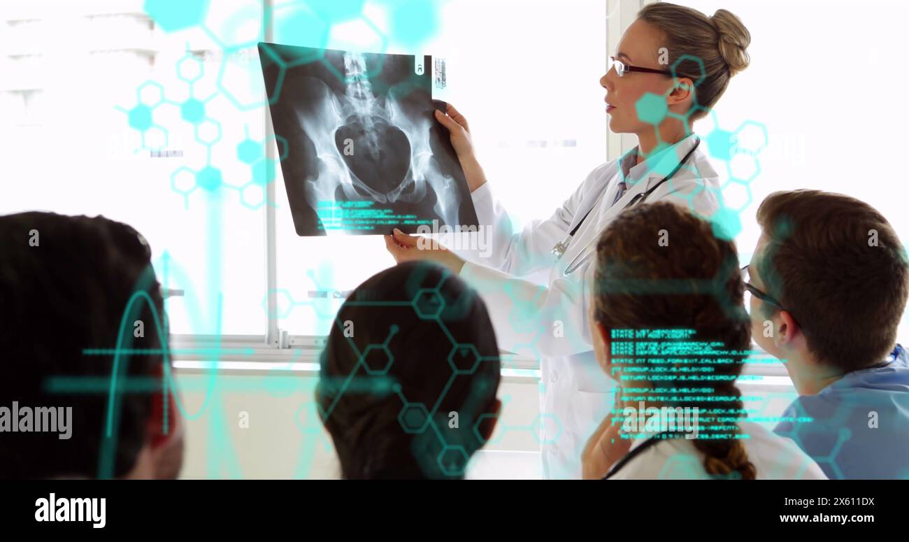 Image of data processing over team of doctors, health workers ...