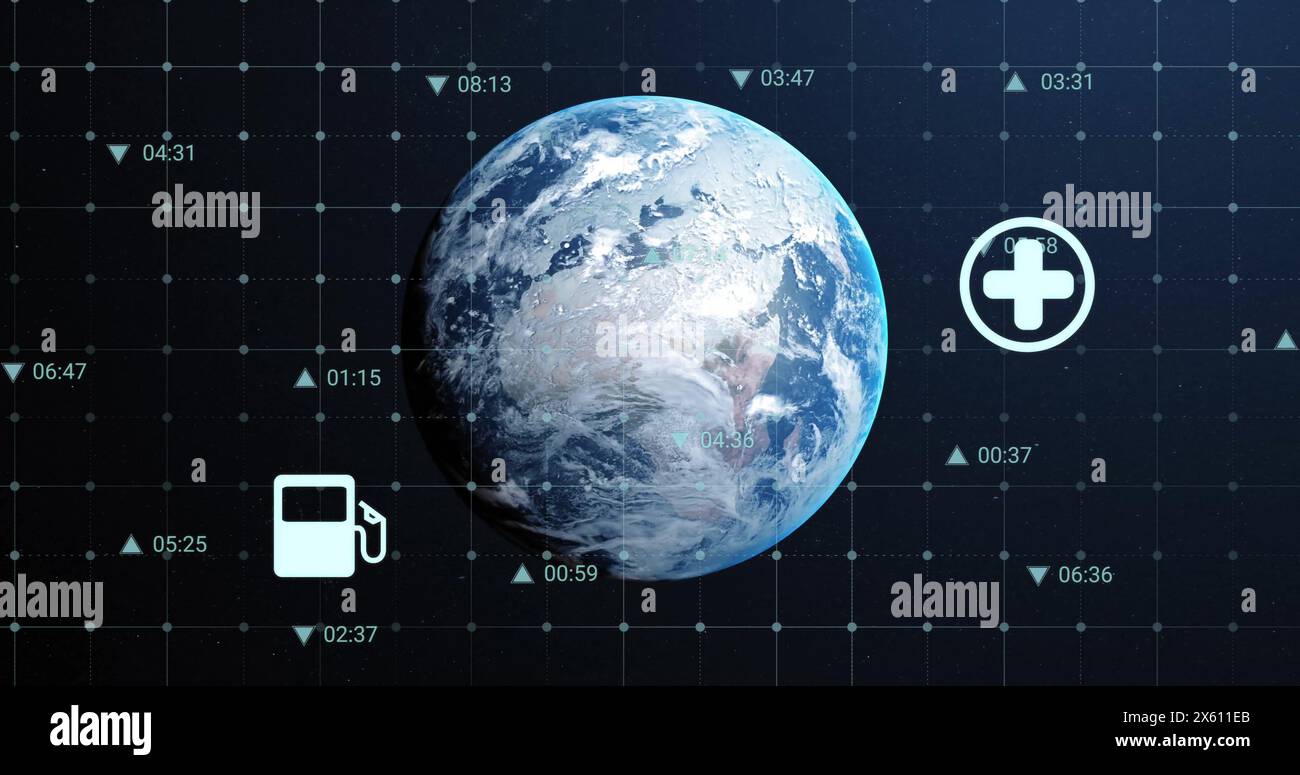 Image of multiple icons and changing numbers over globe against black background Stock Photo - Alamy