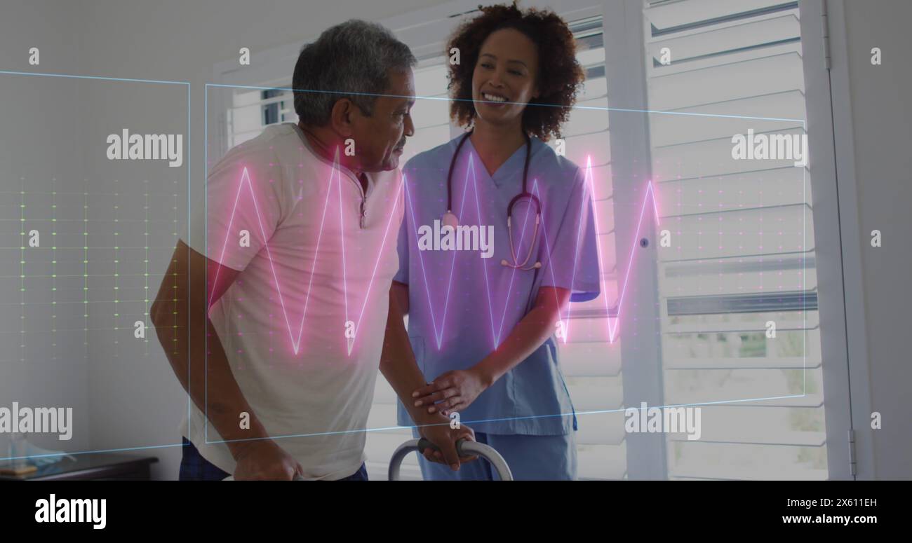 Image of heart rate monitor on african american female healthworker ...